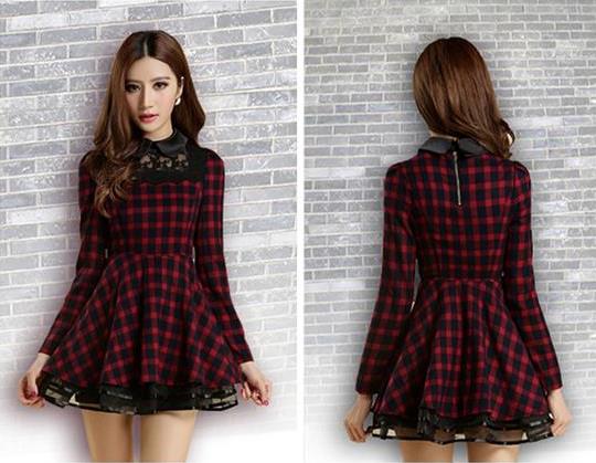 Fashion Lattice Red Long Sleeve Dress on Luulla