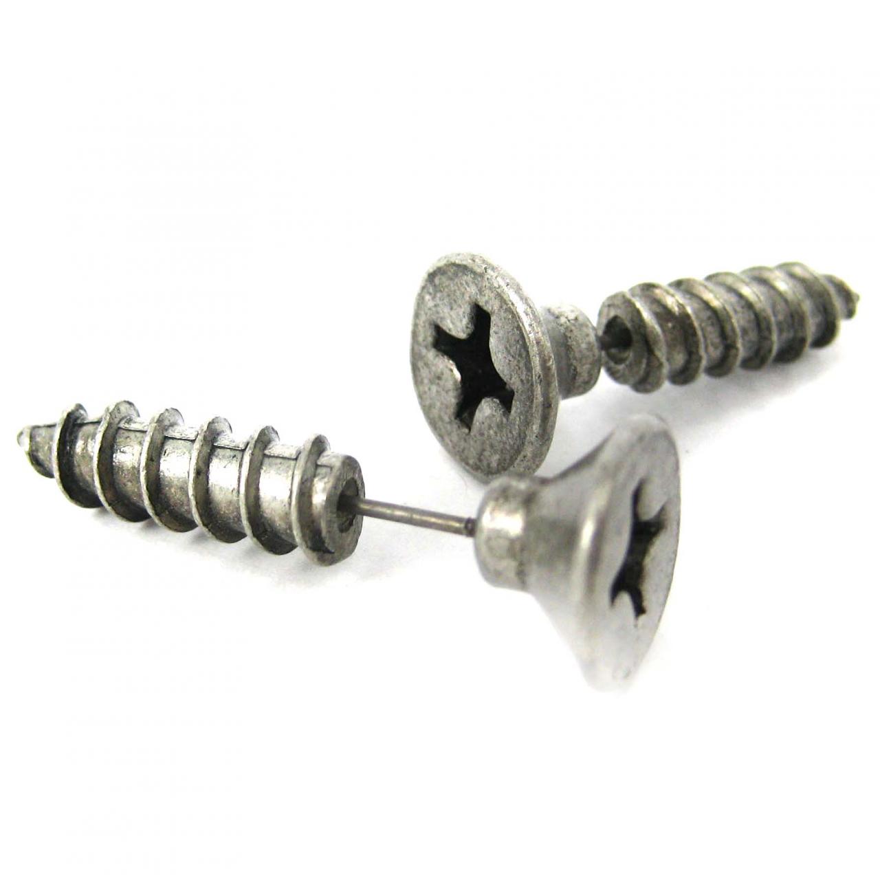 3d Fake Gauge Realistic Nuts And Bolts Screw Stud Earrings In Silver on ...